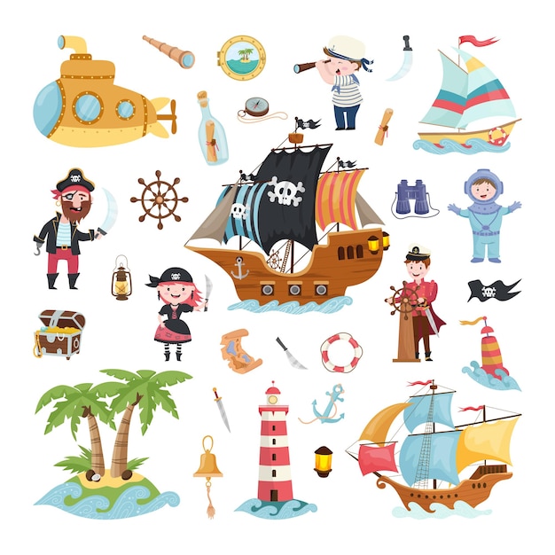 Vibrant Collection of Whimsical Pirate-Themed Elements and Characters ...