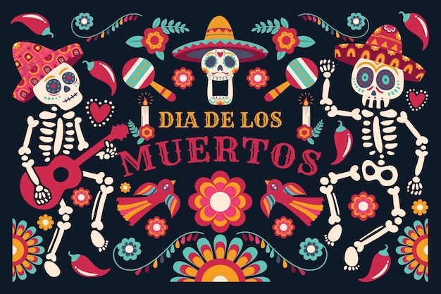 Colorful Dia de los Muertos Themed Graphic with Skulls and Flowers ...