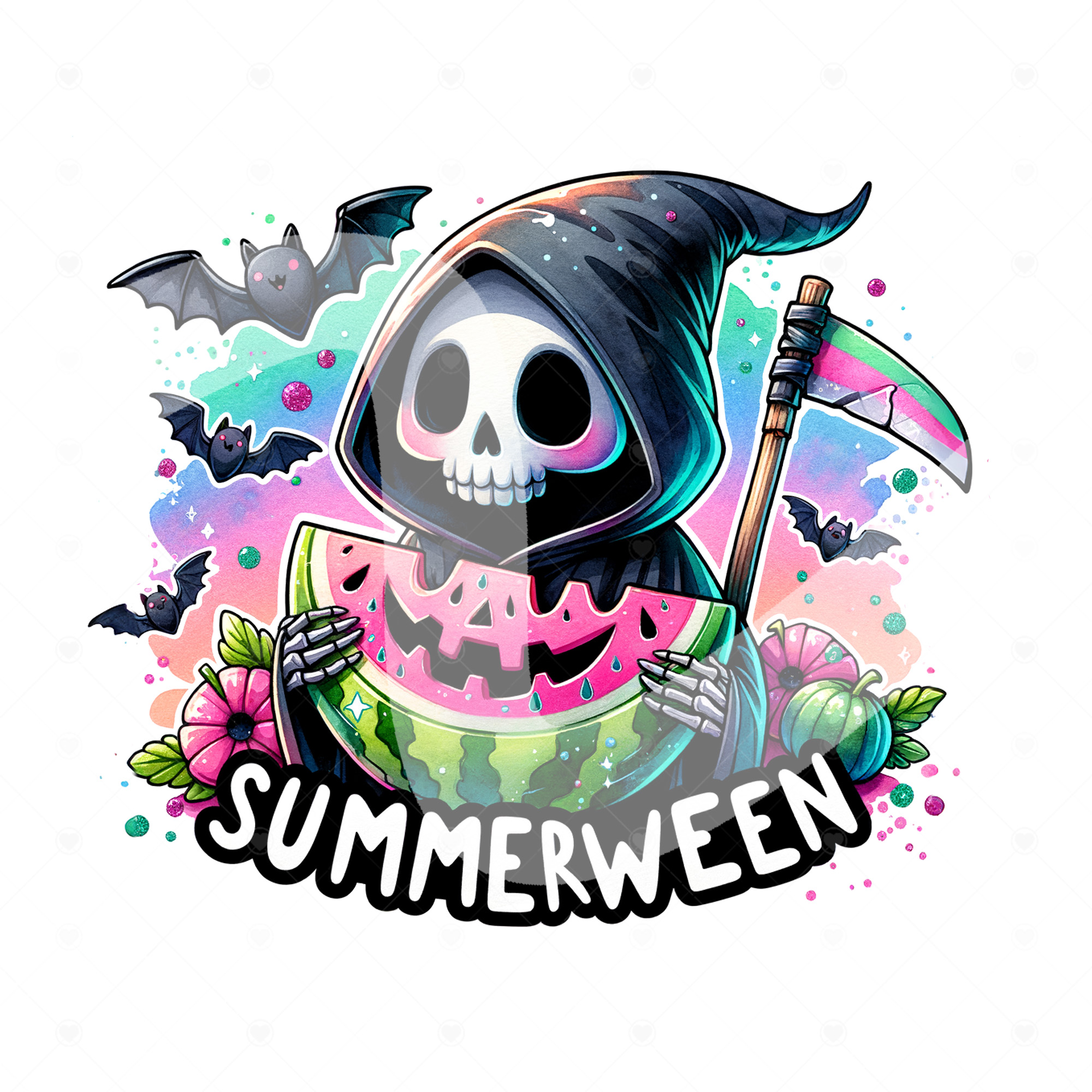 'Summerween' Whimsical Grim Reaper with Watermelon and Bats in Vibrant ...