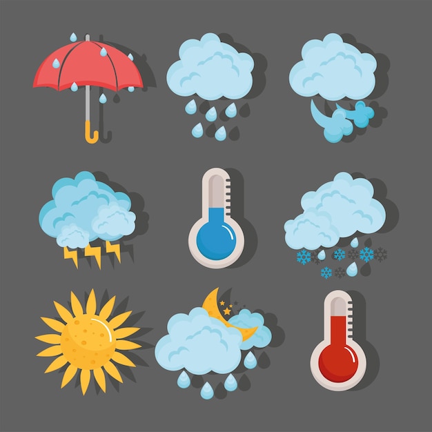Diverse Weather Icon Collection: Umbrellas, Clouds, and Temperature ...