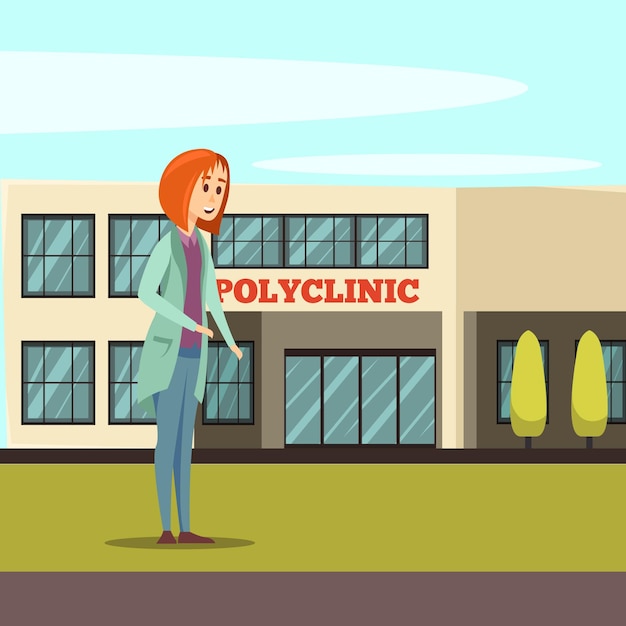 Vibrant Polyclinic Exterior with Stylish Woman | Jiffy Designs