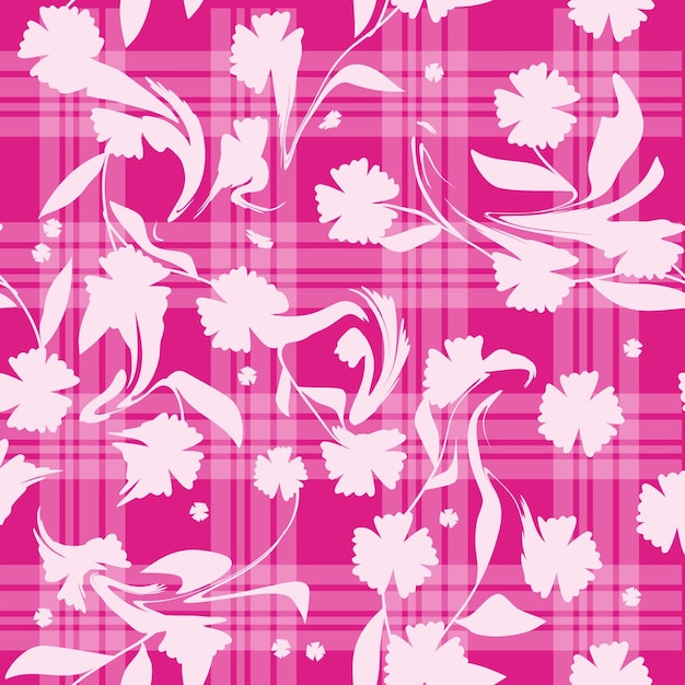 Pink Plaid Pattern with White Tropical Flowers and Flamingos | Jiffy ...