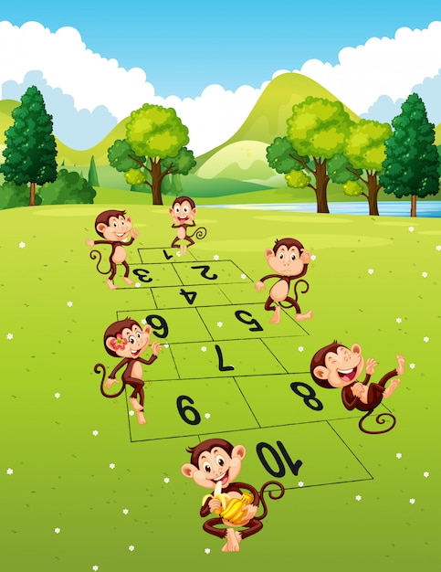 Playful Monkeys Hopping on Hopscotch in Lush Meadow | Jiffy Designs