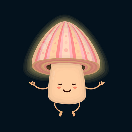 Cute Smiling Happy Magic Psilocybin Mushroom Meditating In Psychedelic ...
