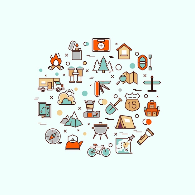 Vibrant Collection of Outdoor Adventure Icons and Symbols | Jiffy Designs