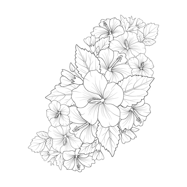 Intricate Floral Outline Drawing with Delicate Hibiscus Blooms | Jiffy ...