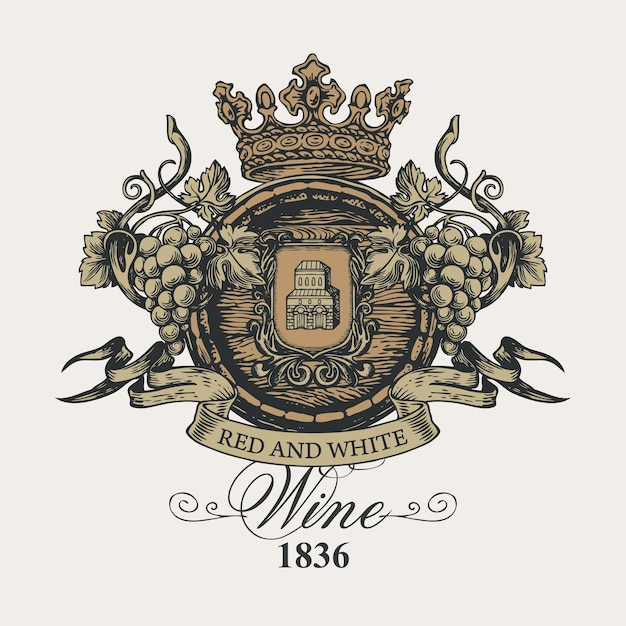 Elegant Vintage Wine Crest with Crown and Grapes | Jiffy Designs
