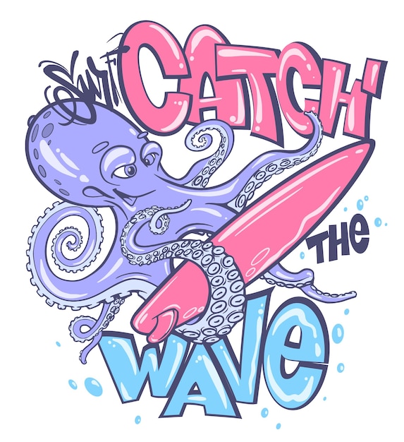 Catch the Wave: Vibrant Octopus Surfing Illustration | Jiffy Designs