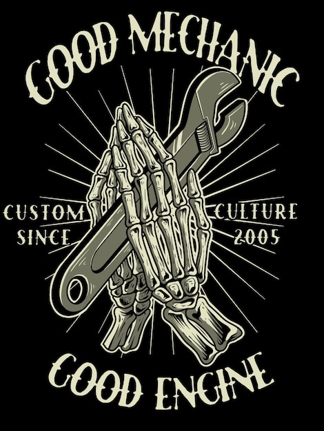 Vintage Mechanic Emblem with Wrench and Skeleton Hand | Jiffy Designs