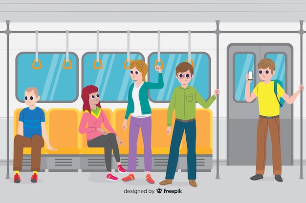 Diverse Passengers Aboard a Vibrant Subway Train | Jiffy Designs