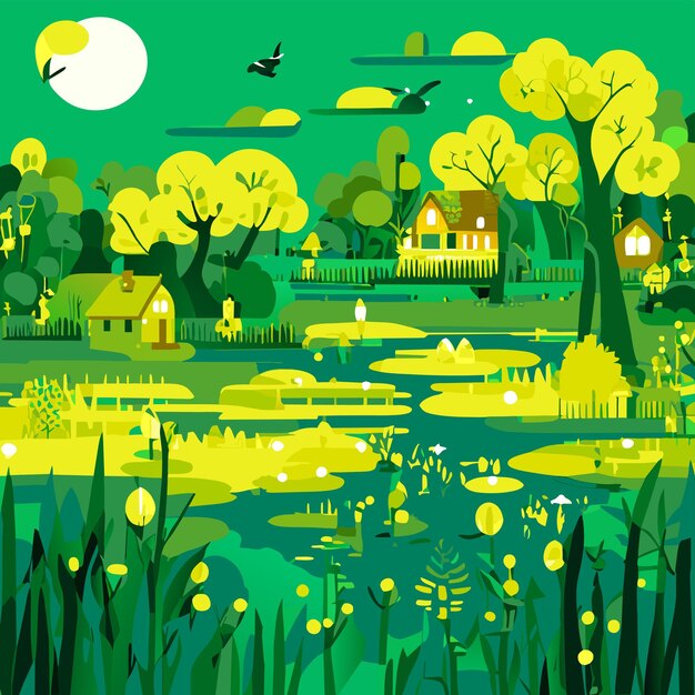 Vibrant Countryside Landscape with Lush Greenery and Charming Homes ...