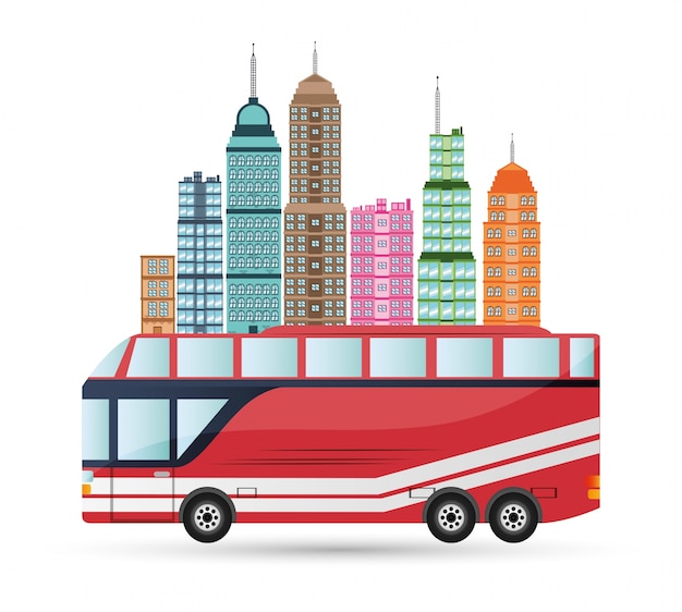 Colorful City Skyline with Vintage Bus Illustration | Jiffy Designs