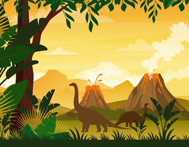 Vibrant Prehistoric Landscape with Towering Volcanoes and Dinosaurs ...