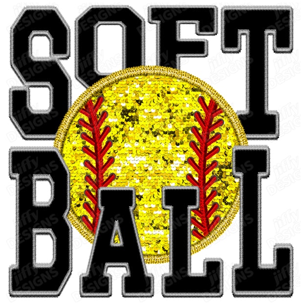 'Softball' Bold Lettering with Glittering Yellow Ball and Red Stitches ...