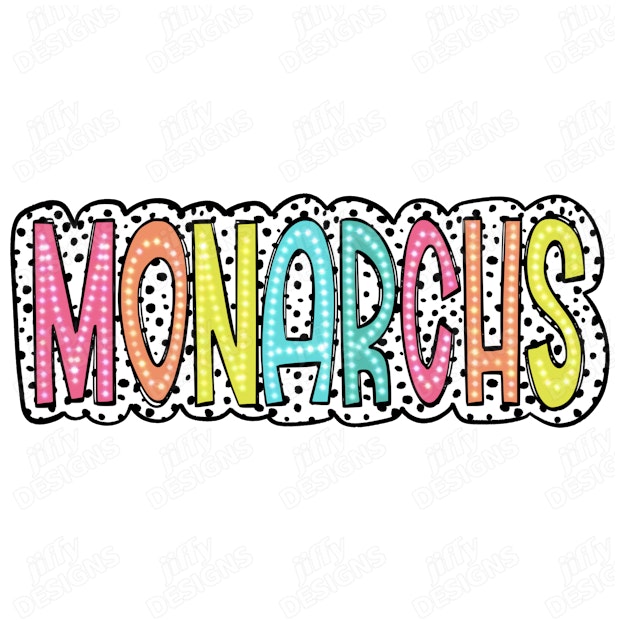 'Monarchs' Vibrant Lettering with Polka Dot Border and Rainbow Gradient ...