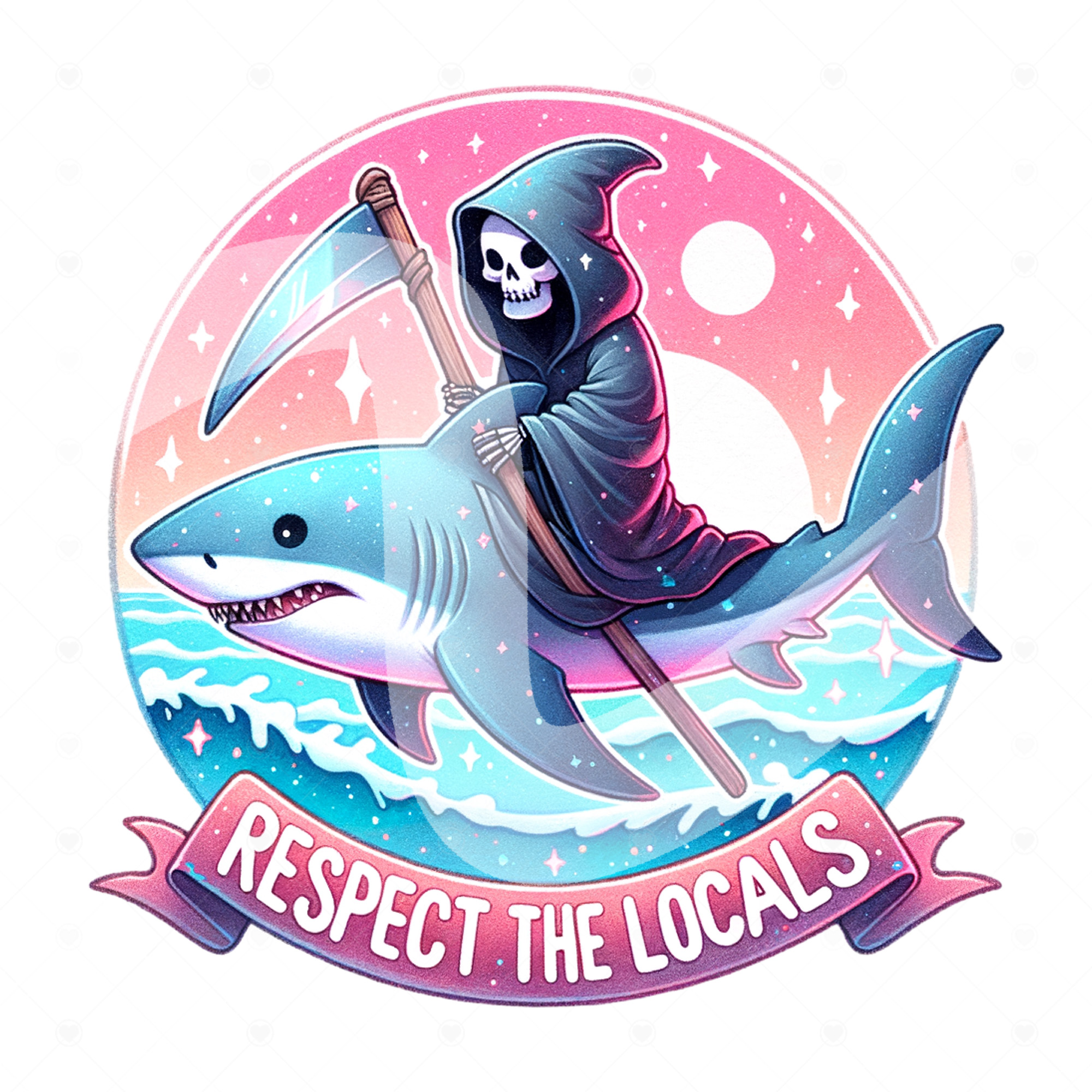'Respect The Locals' Grim Reaper Riding Shark in Pastel Ocean Scene ...