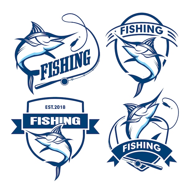 Stylized Marlin and Fishing Emblems with Ribbons and Text | Jiffy Designs