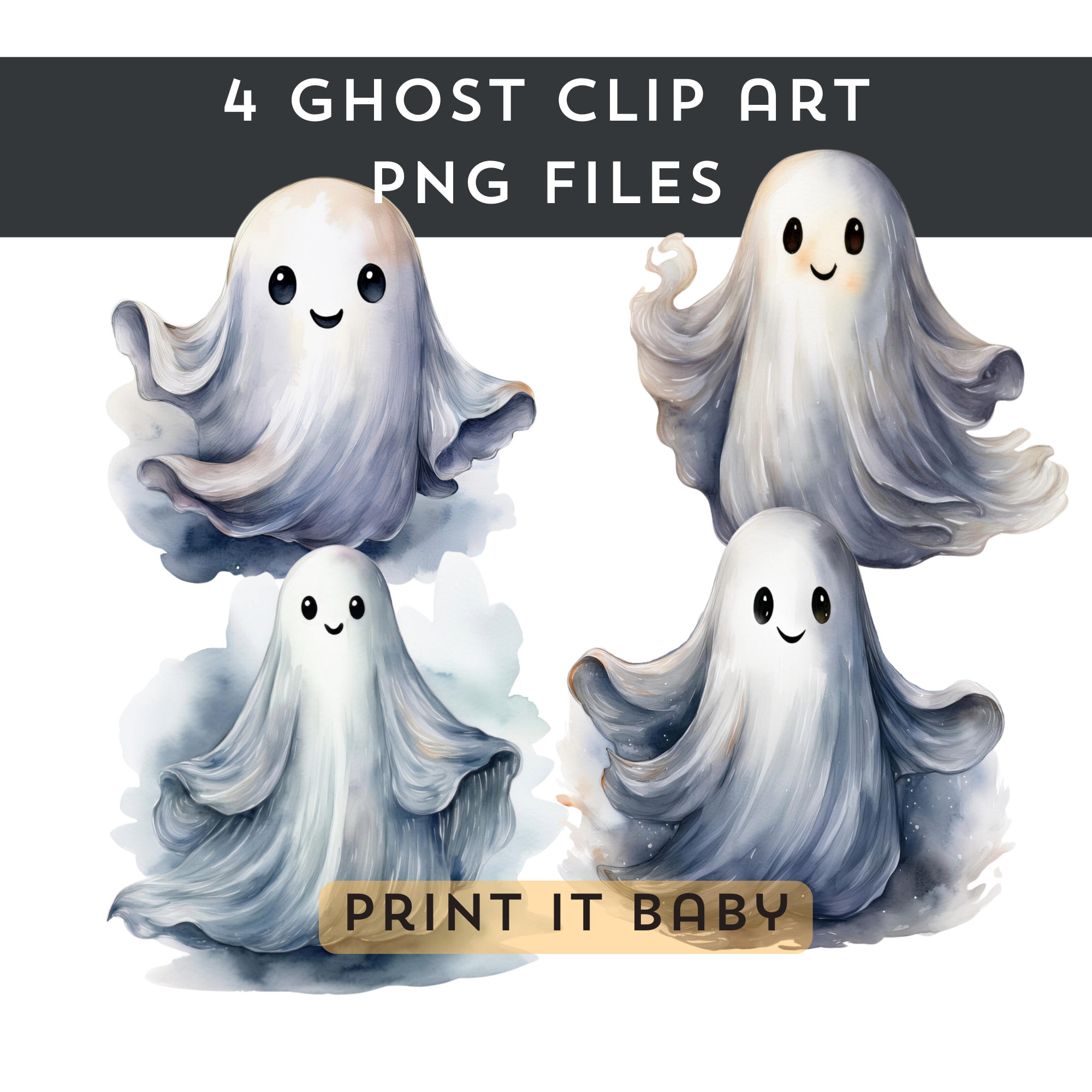 4 Spooky Halloween Ghost Png Bundle Design Files, Happy Halloween Ghost ...