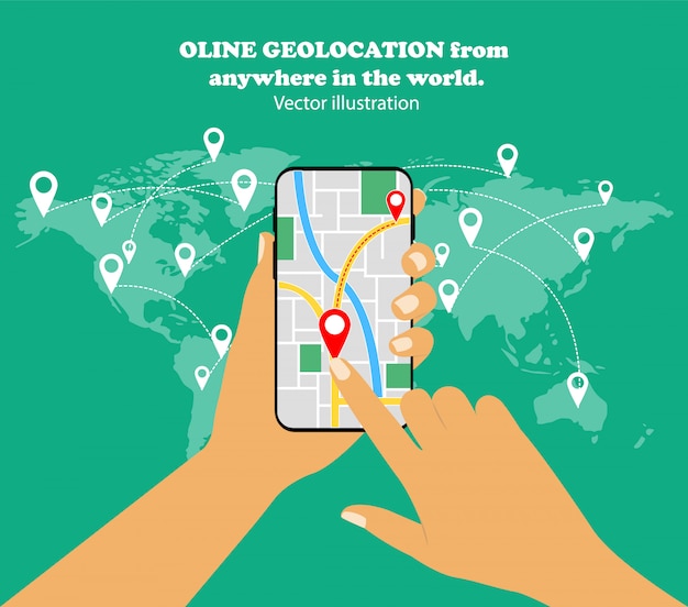 Hands Holding Smartphone with Global Online Geolocation Map | Jiffy Designs