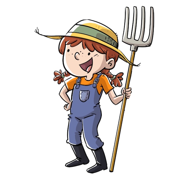 Young Farmer Boy with Straw Hat Holding Garden Rake | Jiffy Designs