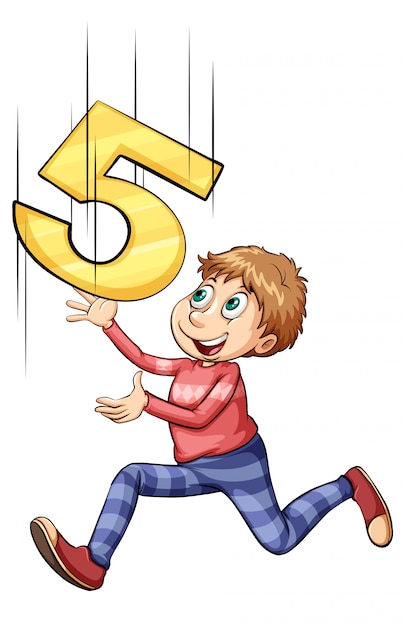 Joyful Boy Carrying a Large Golden Number Five Illustration | Jiffy Designs