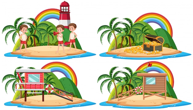 Vibrant Island Scenes with Tropical Landscapes and Playful Characters ...