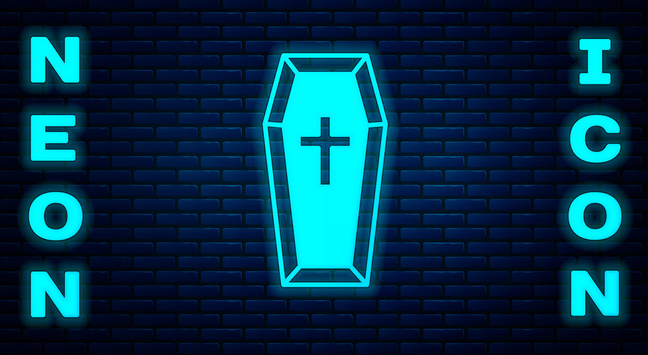 Glowing Neon Coffin With Christian Cross Icon Isolated On Brick Wall ...