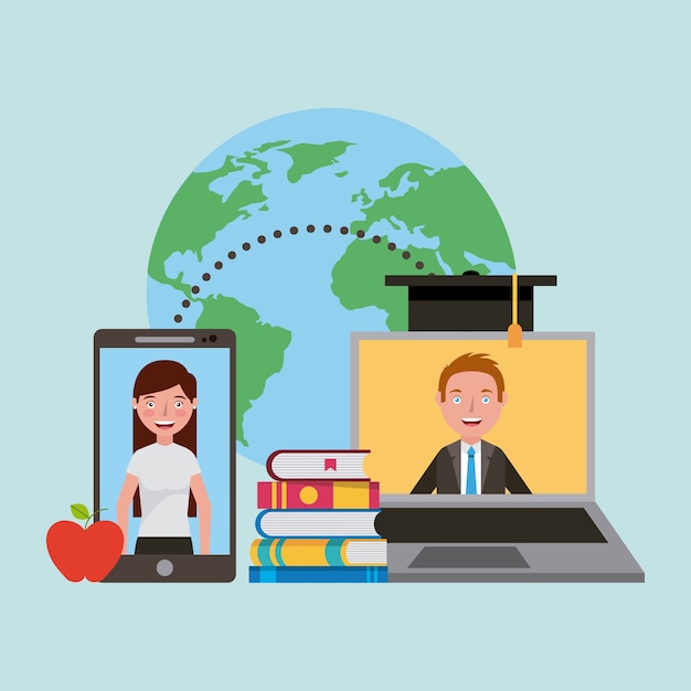 Digital Education Illustration with Globe, Books, and Graduates | Jiffy ...