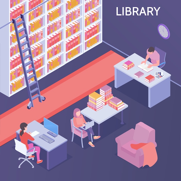 Vibrant Library Scene with Readers and Shelves | Jiffy Designs