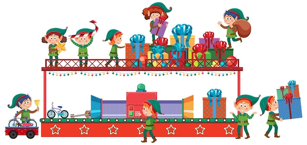 Cheerful Elves Delivering Festive Gifts on a Colorful Train | Jiffy Designs