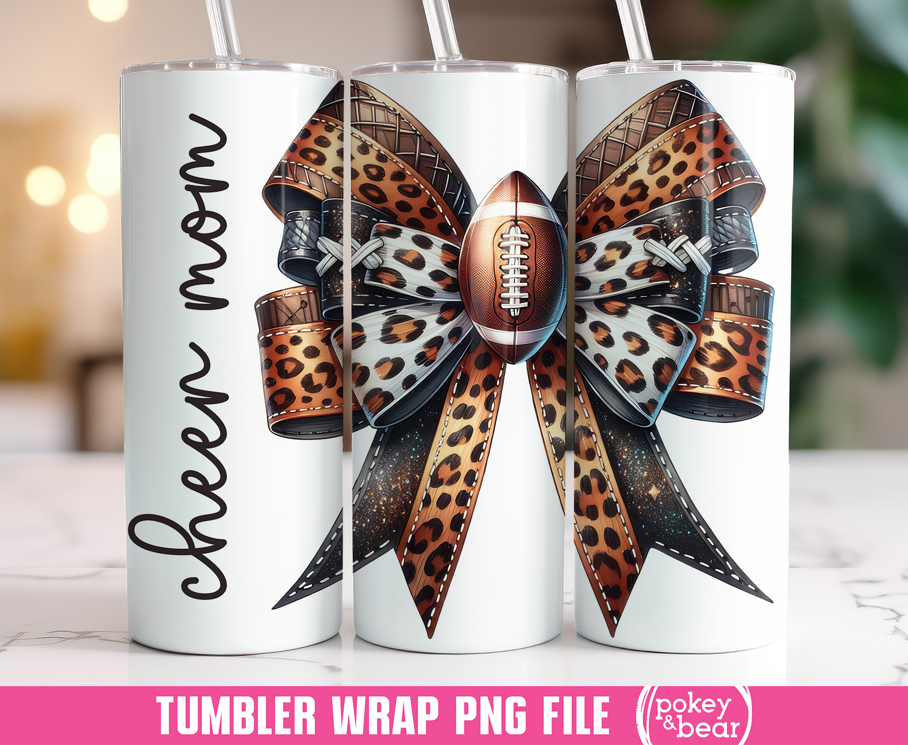 'Cheer Mom' Leopard Print Bow with Football Centerpiece | Jiffy Designs