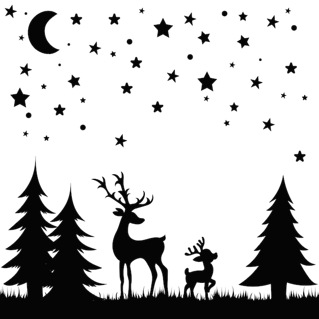 Enchanting Nightscape with Silhouetted Deer and Evergreens | Jiffy Designs