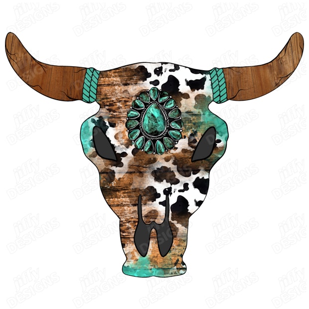 Rustic Cow Skull with Turquoise Accents and Cowhide Pattern | Jiffy Designs