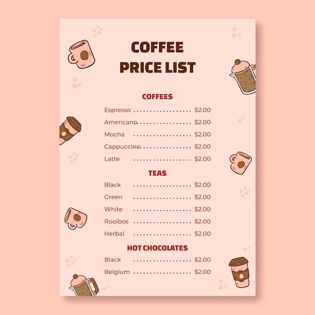 Delightful Coffee Price List with Charming Illustrations | Jiffy Designs