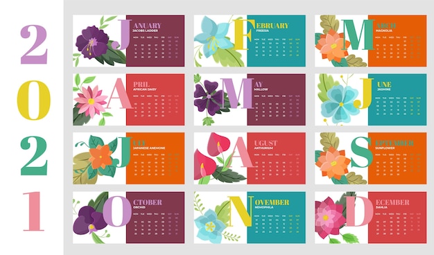 Vibrant Floral Calendar Collection with Detailed Botanical Elements ...