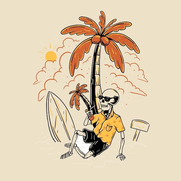 Surfer Skeleton Catching Waves Under Swaying Palm Tree | Jiffy Designs