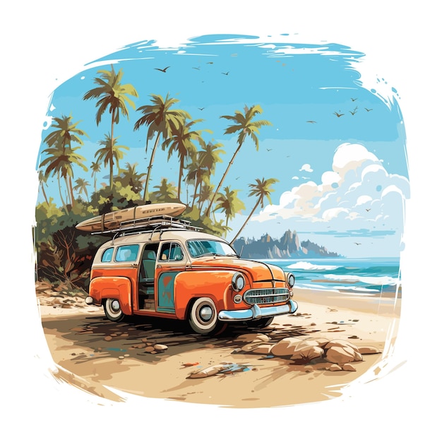 Vintage Surf Van Parked on Tropical Beach | Jiffy Designs