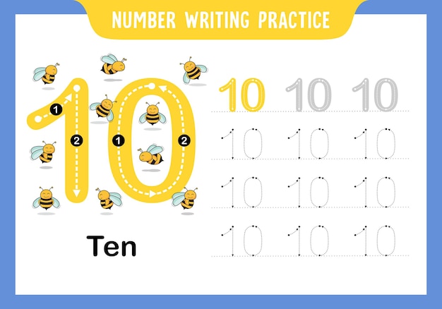 Vibrant Bee-Themed Number Writing Practice for Ten | Jiffy Designs