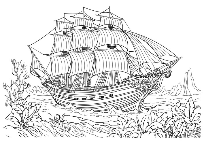 Sunken Ancient Ship. Coloring Page Of A Ship With Sails | Jiffy Designs