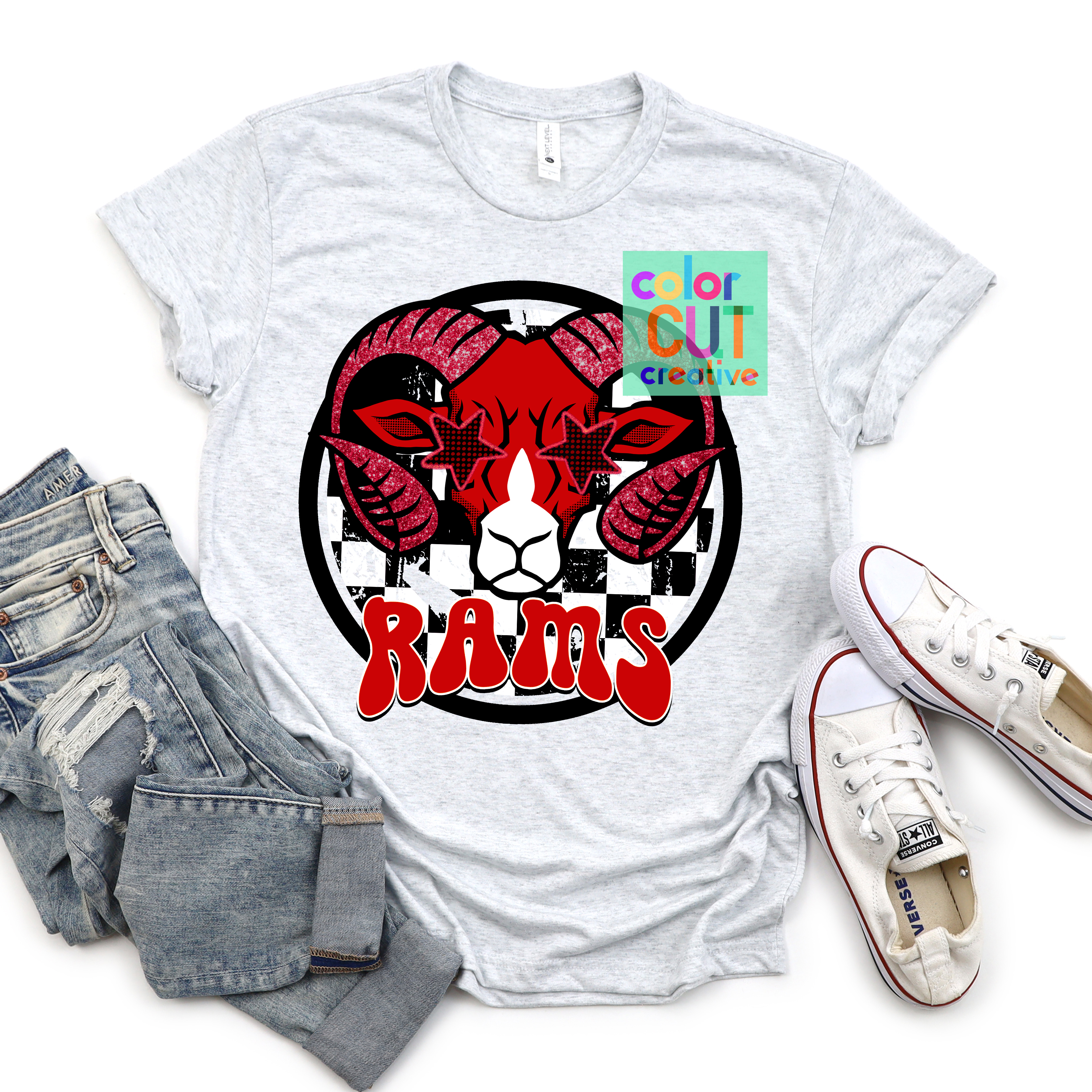 'Rams' Bold Red Ram Head with Curved Horns on Checkered Background ...