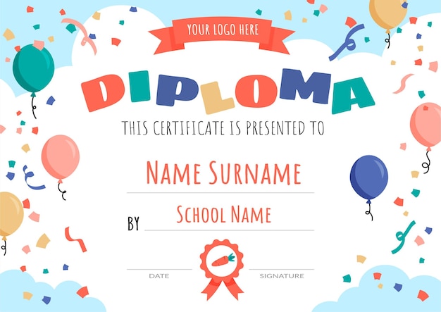 Colorful Diploma Certificate with Playful Balloons and Confetti | Jiffy ...