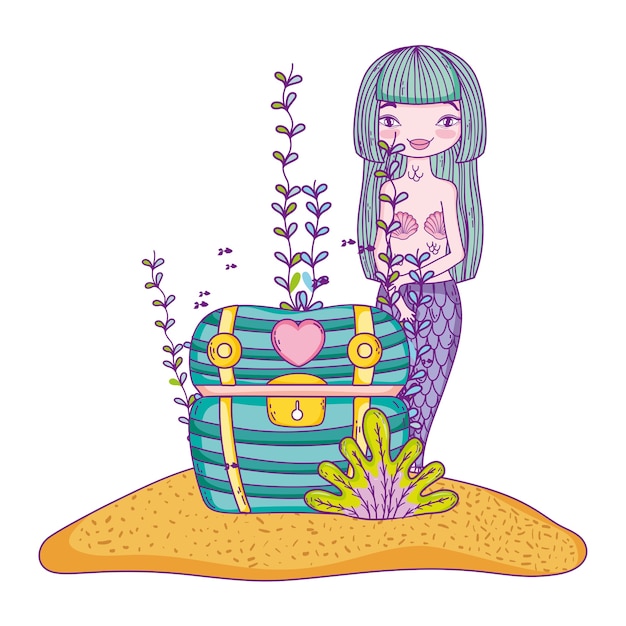 Whimsical Mermaid with Treasure Chest and Vibrant Underwater Scene ...