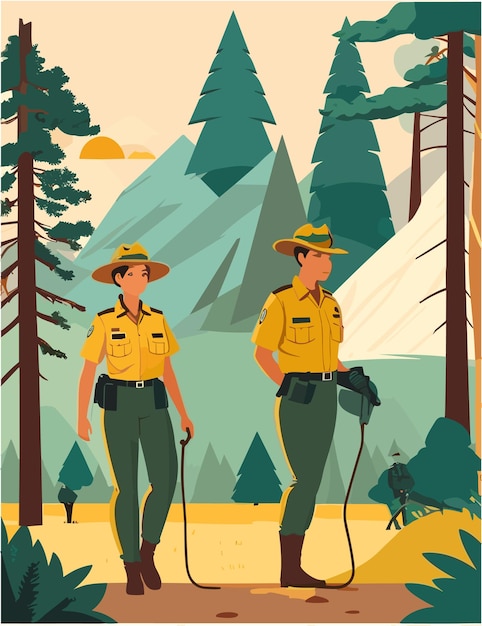 Dedicated Park Rangers Patrolling Serene Forest Landscape | Jiffy Designs