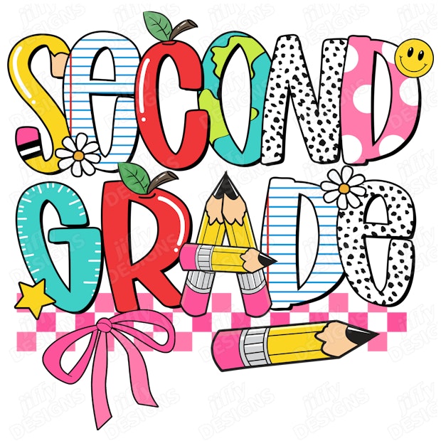 'Second Grade' Playful Typography with Whimsical Educational Icons ...