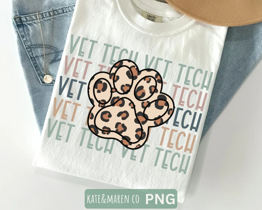 'Vet Tech' Leopard Print Paw Emblem with Repeating Text Background ...