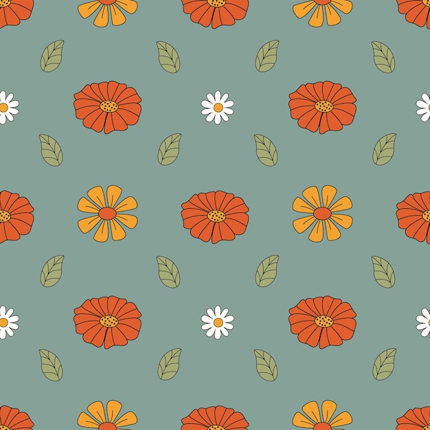 Vibrant Floral Pattern on Teal Background with Daisies and Marigolds ...