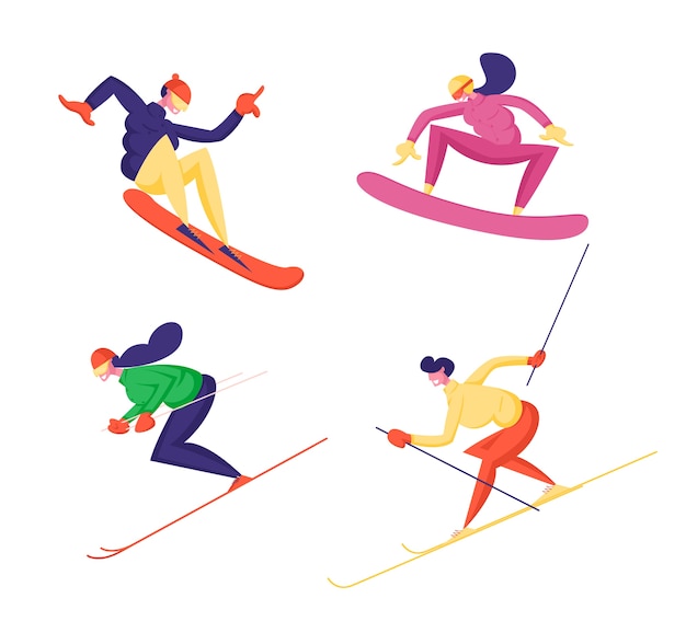 Vibrant Winter Sports Collection: Skiers, Snowboarders, and Sledders in ...