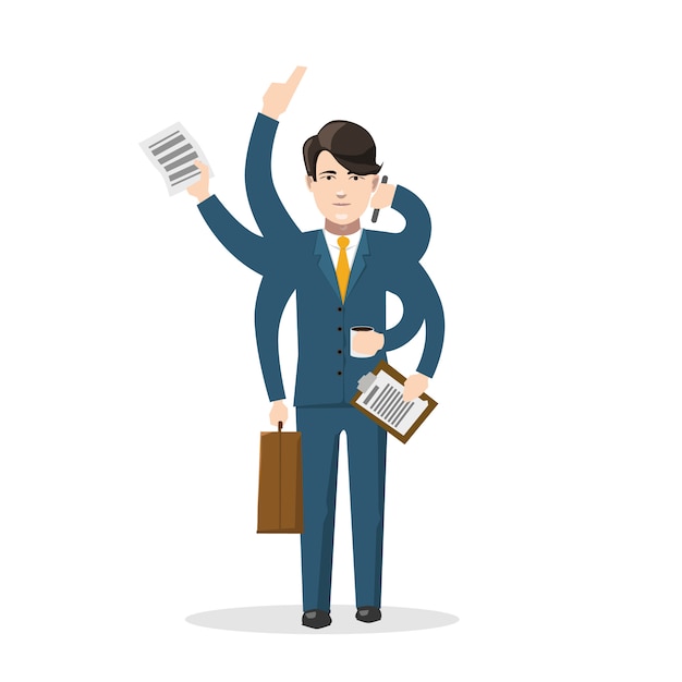 Busy Multitasking Businessman Cartoon Character with Briefcase and ...