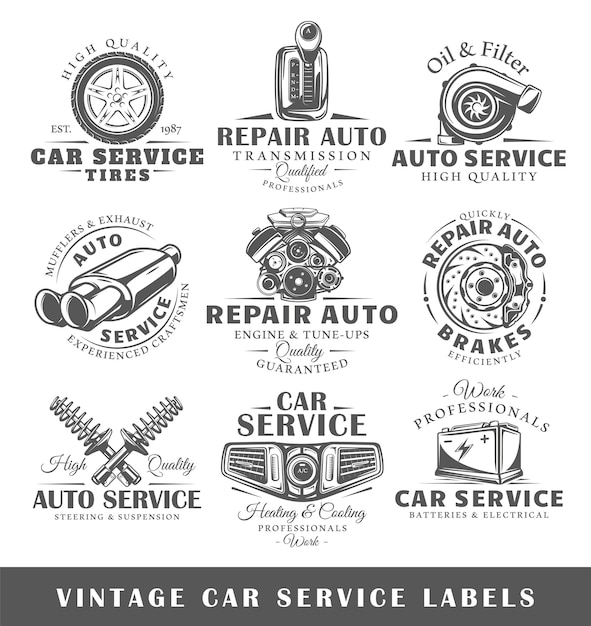 Vintage Car Service Emblems with Detailed Automotive Imagery | Jiffy ...