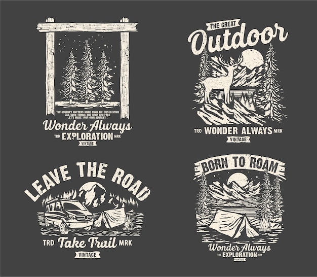 Vintage Outdoor Adventure Graphic Collection with Wilderness Scenery ...